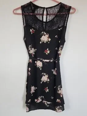 stork & babe | Tops | Black Floral Lace Yoke Mini Dress With Pink Roses ...